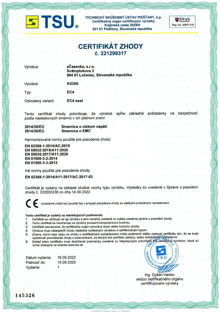 Certifikát zhody | eČasenka.sk